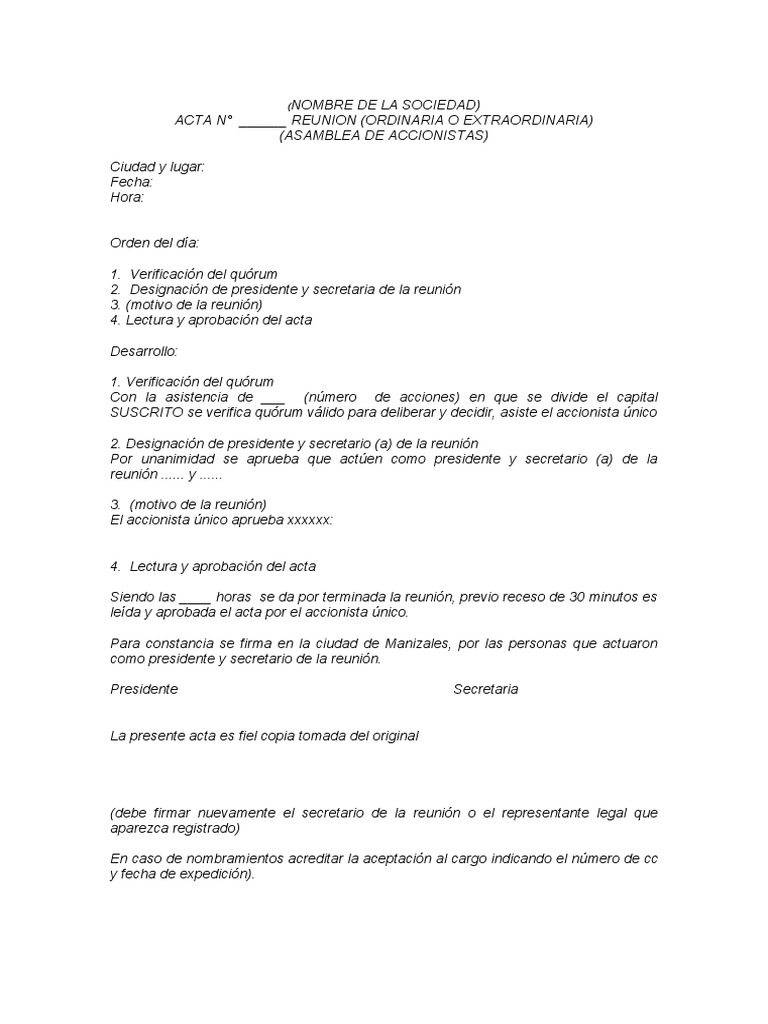 MODELO ACTA S.A.S ACCIONISTA UNICO | PDF