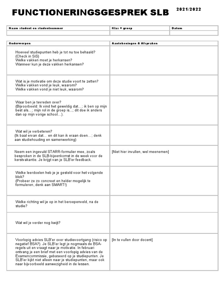 21-22 Formulier Functioneringsgesprek SLB | PDF
