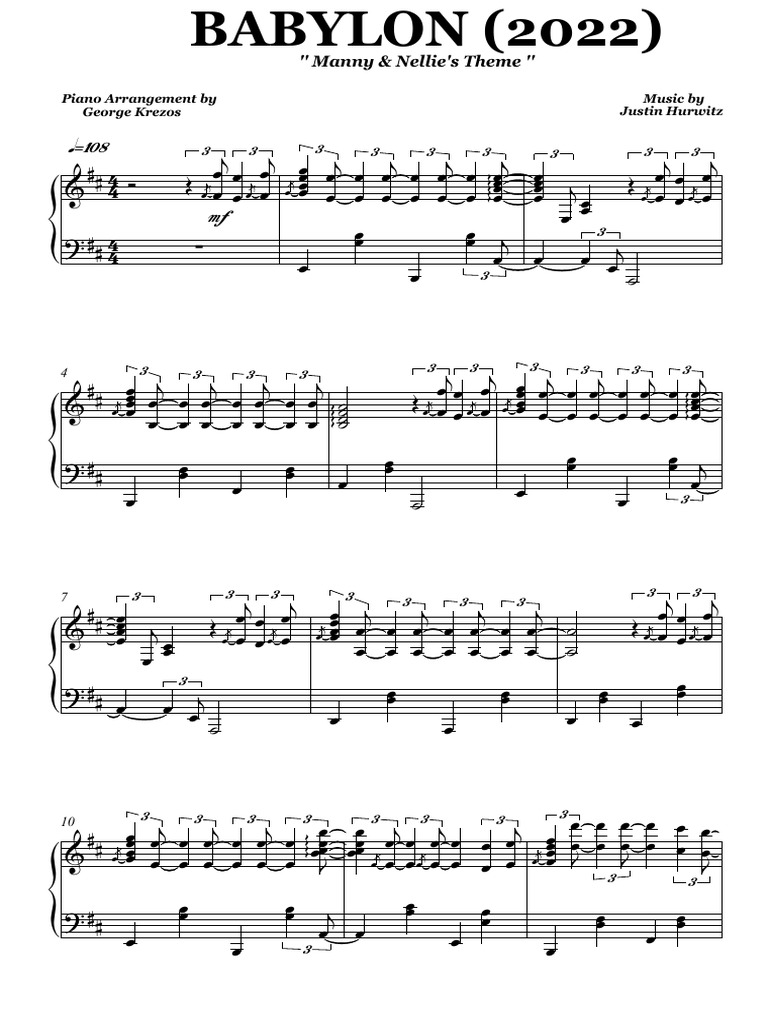 BABYLON (2022) Manny & Nellie's Theme - Justin Hurwitz (Piano Sheet ...
