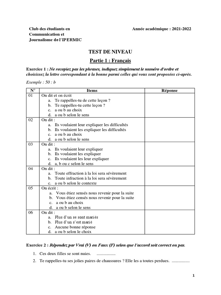 Test de Niveau PDF | PDF