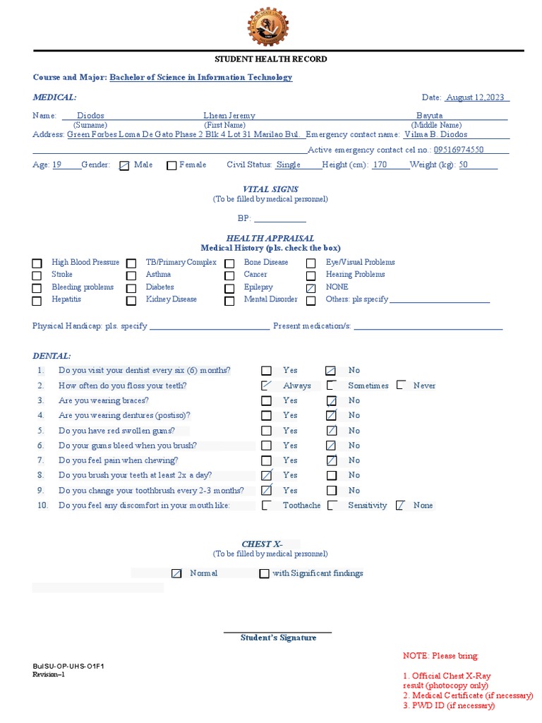 Student Health Assessment Form for Printing | PDF