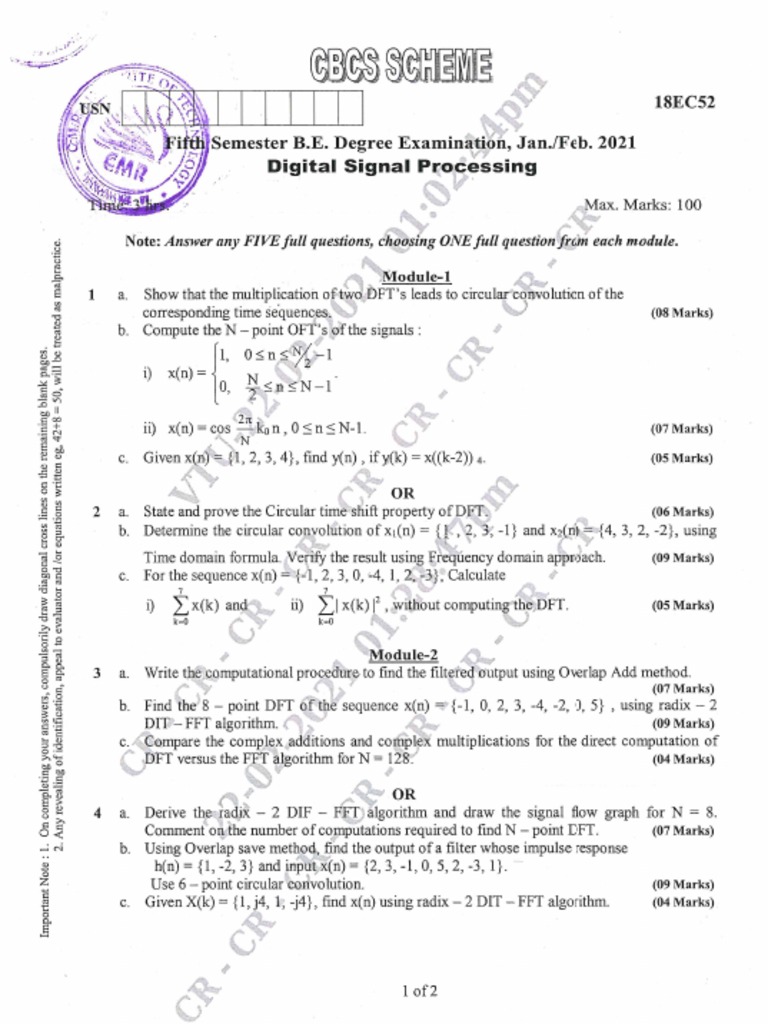 VTU Question Paper of 18EC52 Digital Signal Processing Jan-2021 | PDF