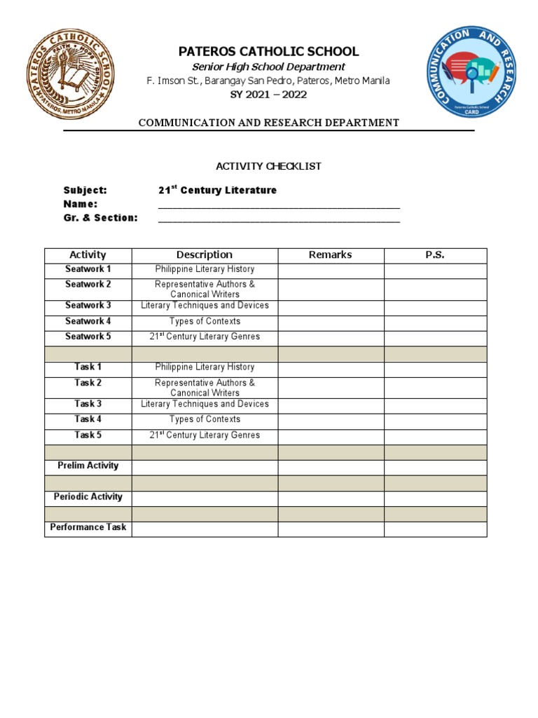 21st Century Lit - Task Checklist | PDF | General Fiction