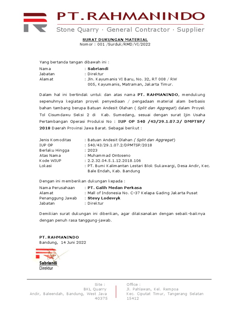 Surat Dukungan Matrial RMD - GPM 2022 | PDF