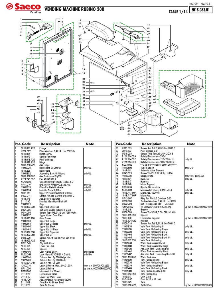 Rubino 200 Vending Machine Parts List | PDF | Screw | Building Materials