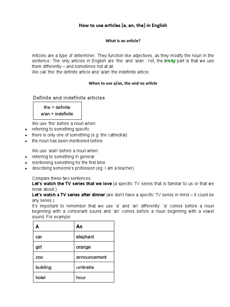 The Use of Articles | PDF | Noun | English Language