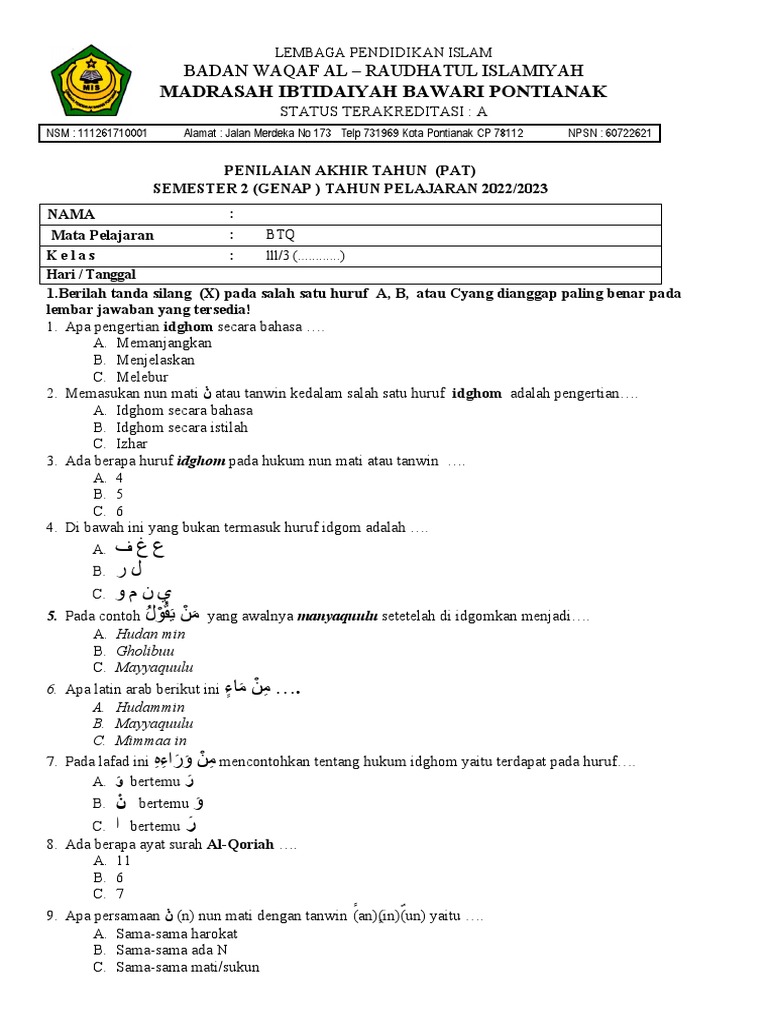 Pat Semester Genap Kls 3 BTQ 2022 | PDF