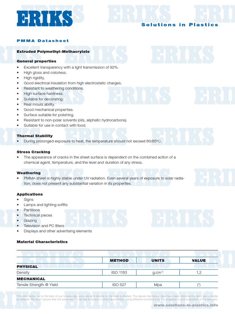 Eriks - Pmma Datasheet | PDF | Poly(Methyl Methacrylate) | Materials