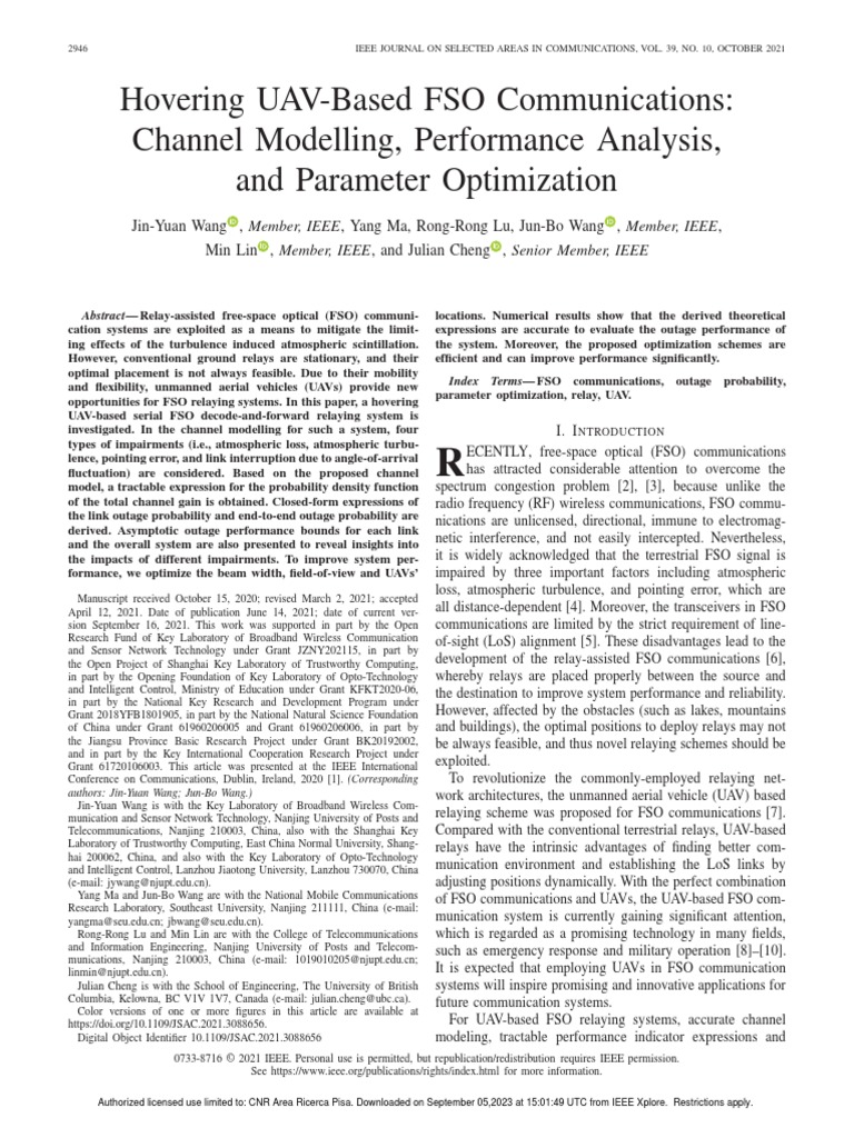 Hovering UAV-Based FSO Communications: Channel Modelling, Performance Analysis, and Parameter ...