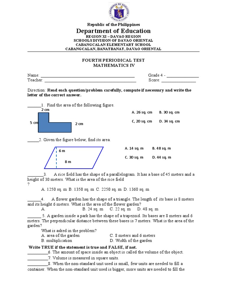 PT - MATHEMATICS 4 - Q4 V1 (AutoRecovered) | PDF | Area | Rectangle