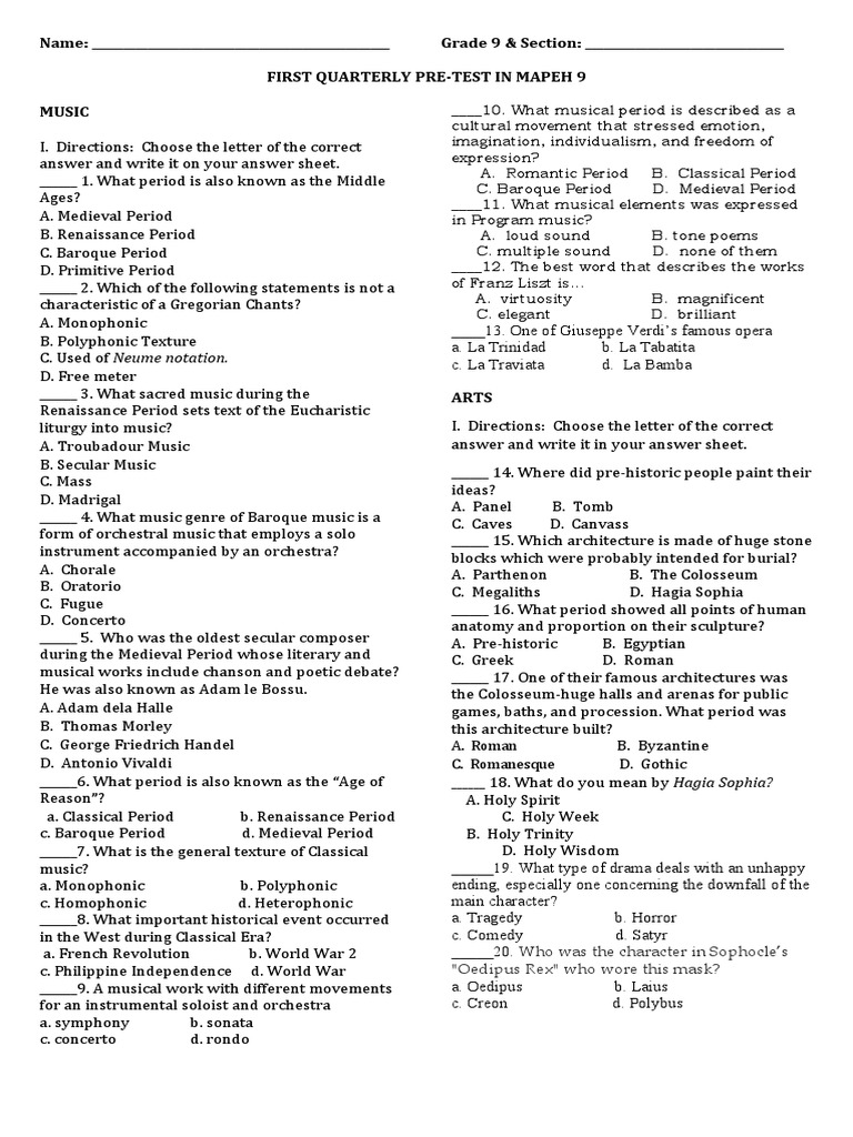 1ST Quarterly Pre Test Mapeh 9 | PDF