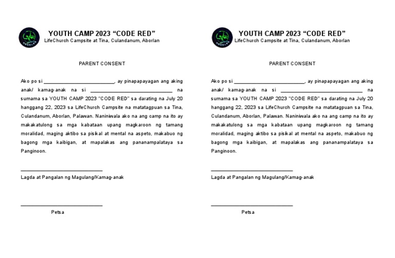 YOUTH CAMP - Parent Consent | PDF