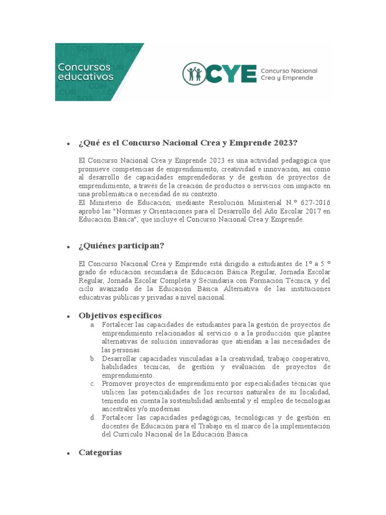 En Qué Consiste El Concurso Escolar Nacoional Crea y Emprende 2023 ...