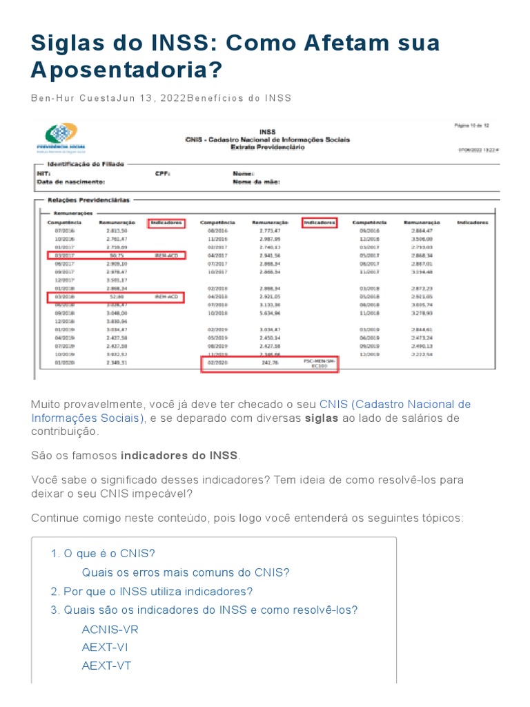Lista de Todas As Siglas Do INSS e Indicadores Do CNIS | PDF | Salário mínimo | Salário