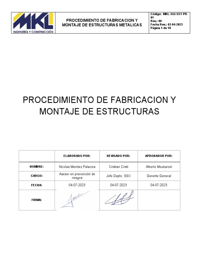 Mkl-Sgi-Sst-Pr-01 Fabricacion y Montaje de Estructuras Metalicas | PDF | Seguridad y salud ...