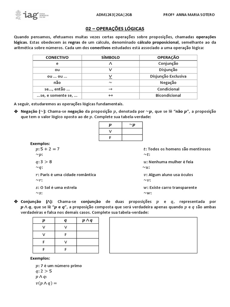 Operações Lógicas e Tabelas Verdade | PDF | Álgebra booleana | Ensino ...