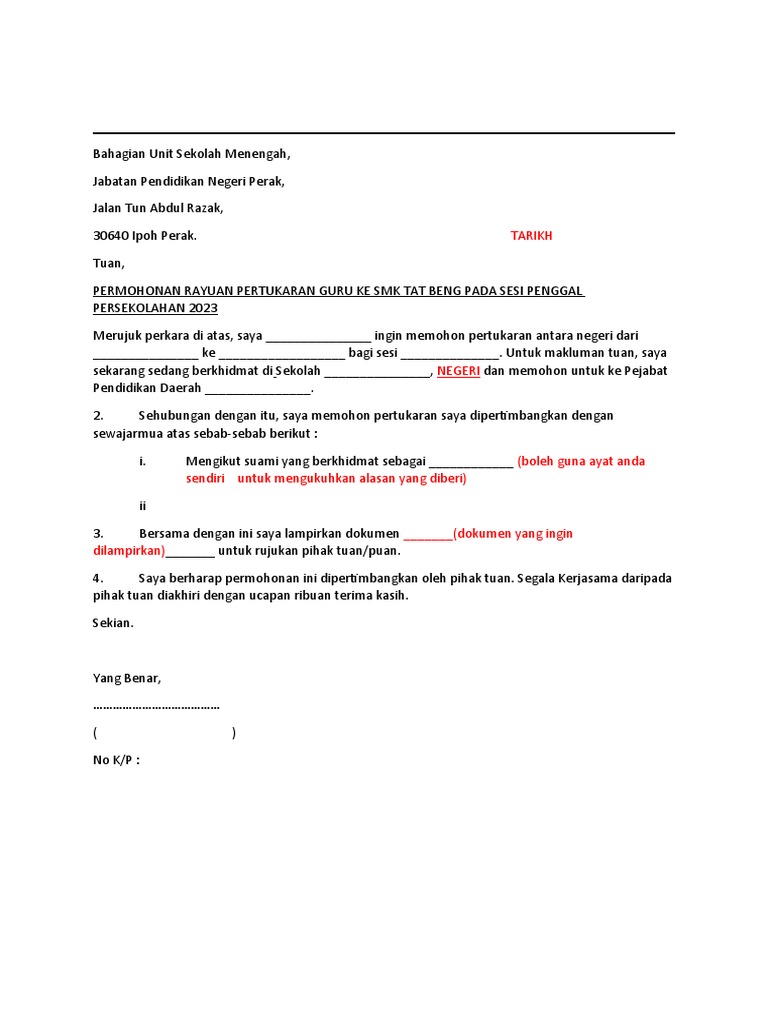 Contoh Surat Rayuan Pertukuran Guru Ke Ppd Pdf
