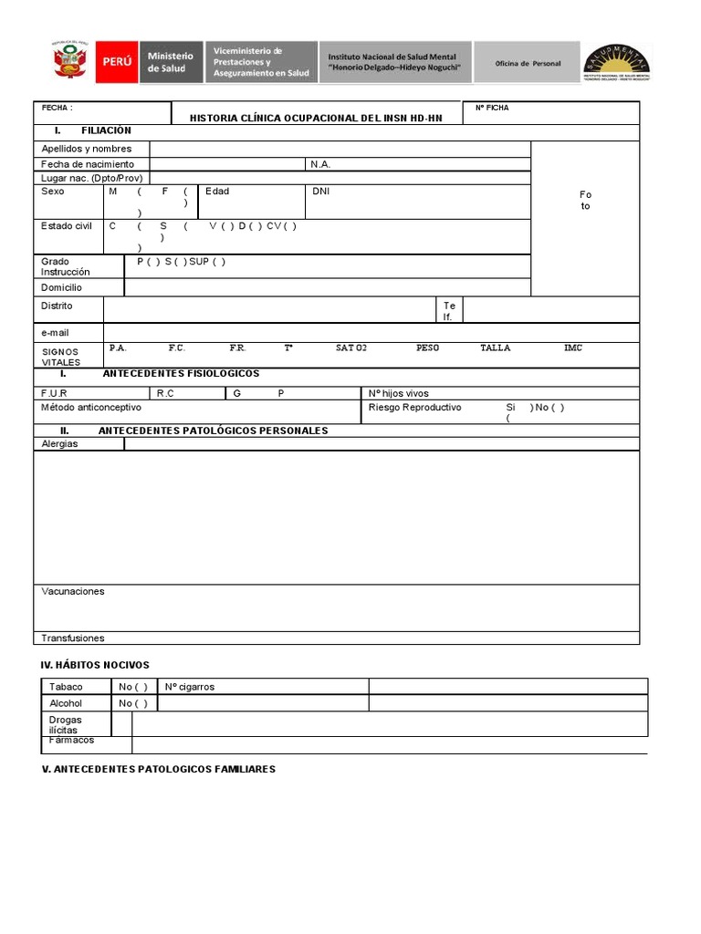 Historia Clinica Ocupacional - Ins. Nacional HDN | PDF | Medicina ...