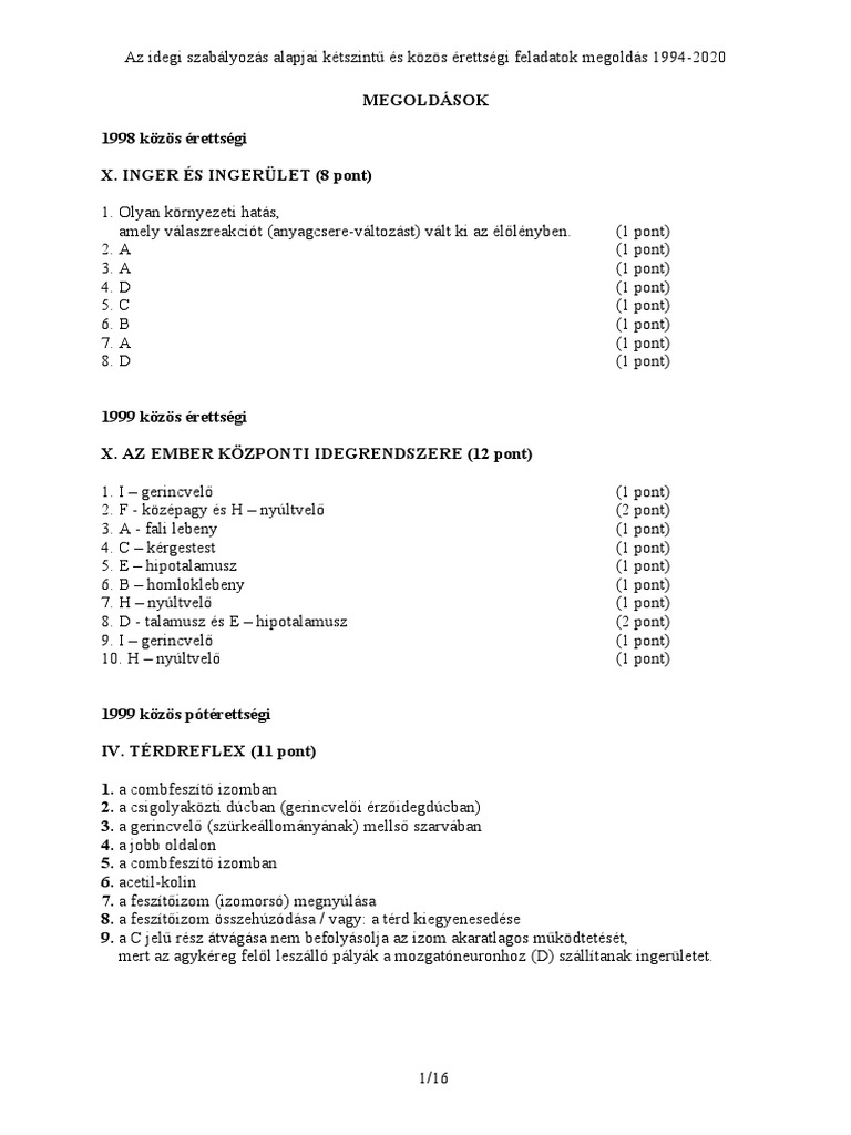 Idegi Szabalyozas Alapjai Ketszintu Es Kozos Erettsegi Feladatok 1994 2020 Megoldasok | PDF