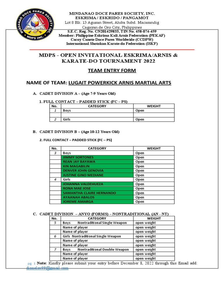 Team Individual Entry Form OPEN ESKRIMA ARNIS Tournmaent | PDF ...