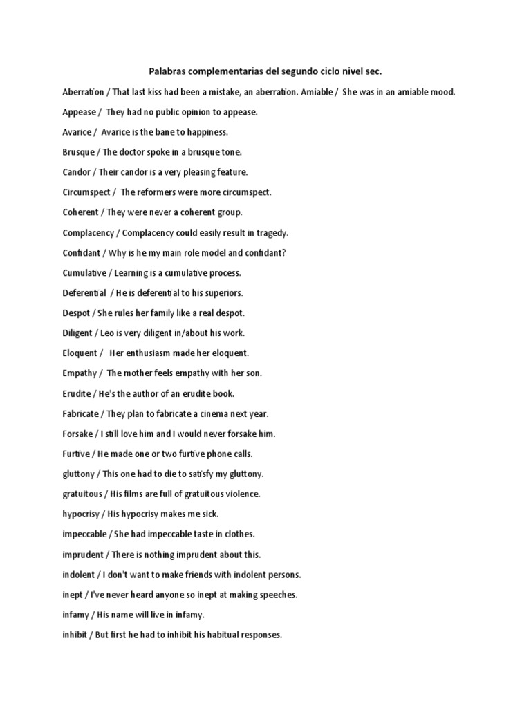 Palabras Complementarias Del Segundo Ciclo Nivel Sec | PDF