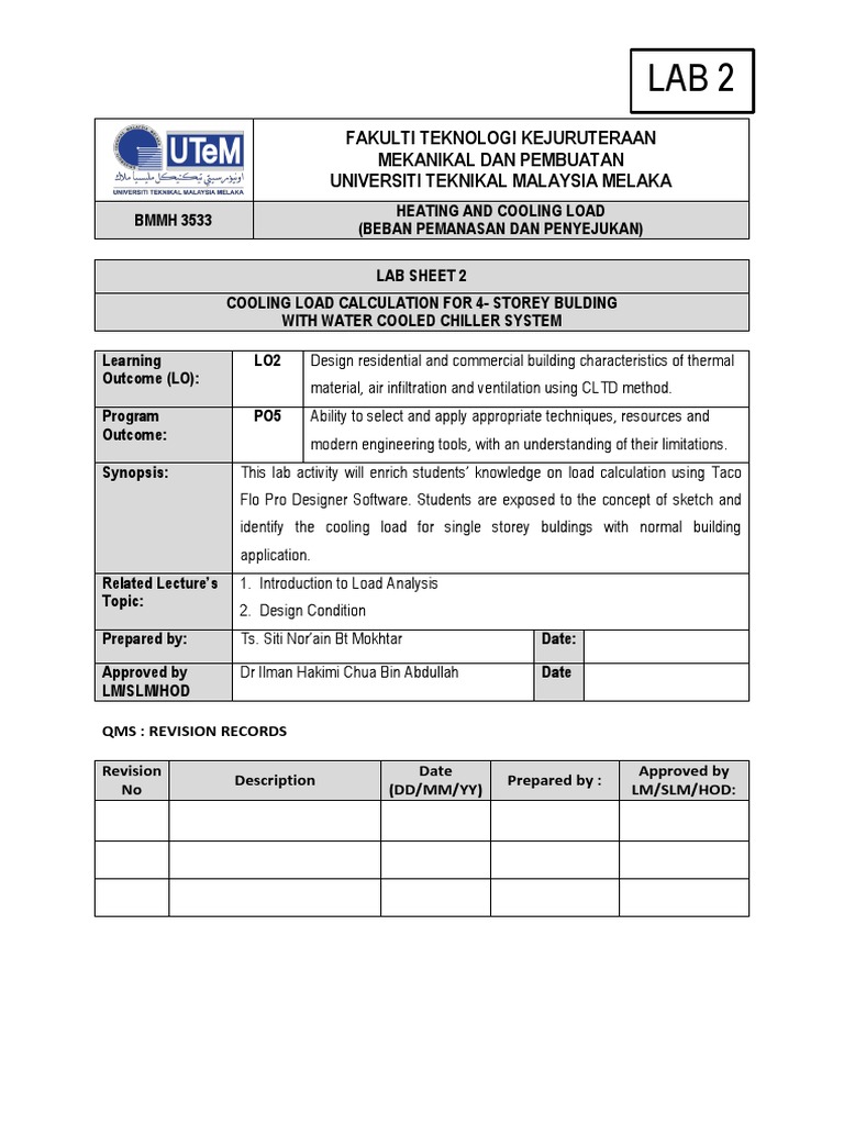 Lab 2 Cooling Load Calculation For 4storey Building With Water Cooled