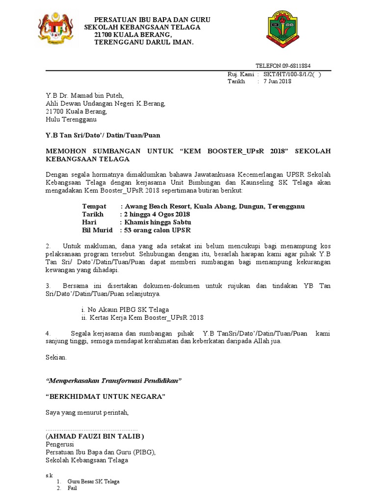 Surat Sumbangan Program Tahun 6 | PDF