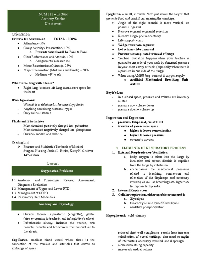 NCM 112 Notes | PDF | Respiratory Tract | Breathing