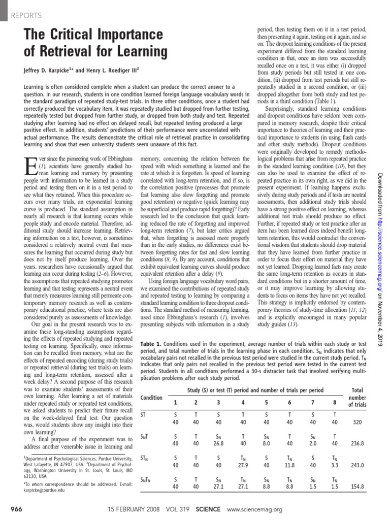 The Critical Importance of Retrieval For Learning | PDF | Recall ...