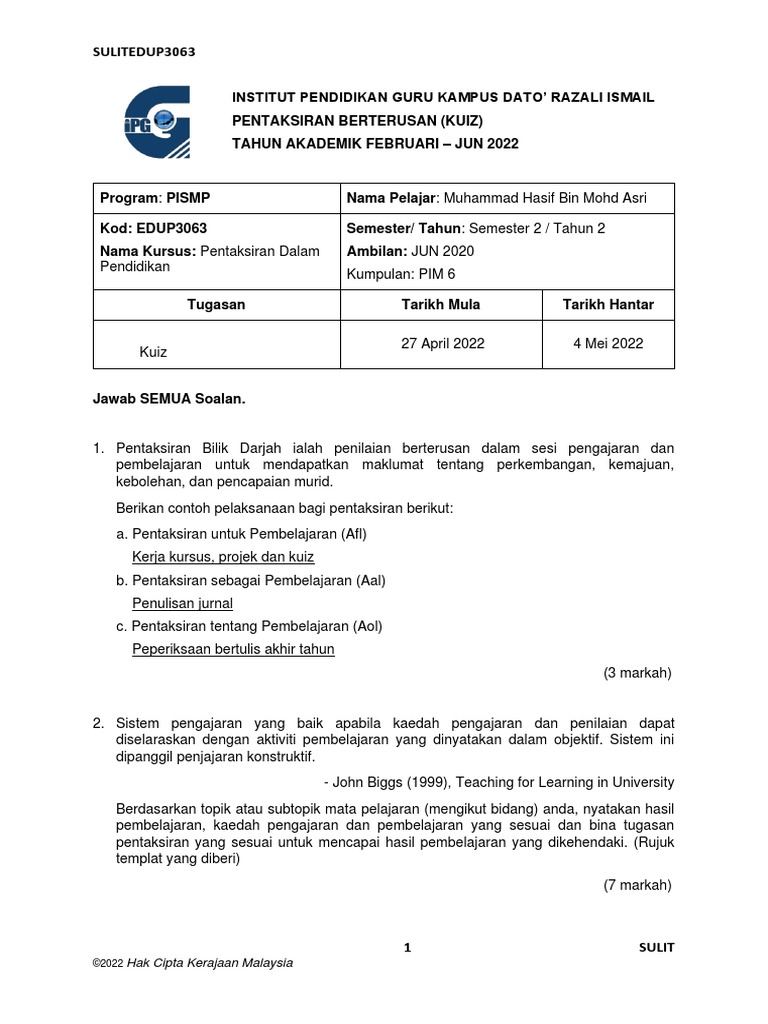 Kuiz Edup3063 Muhammad Hasif Bin Mohd Asri 2020092340211 Pim6 | PDF