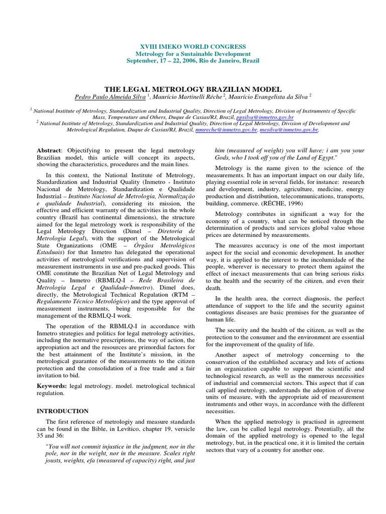 Brazilian Model of Legal Metrology PWC-2006-TC11-004u | PDF | Metrology ...