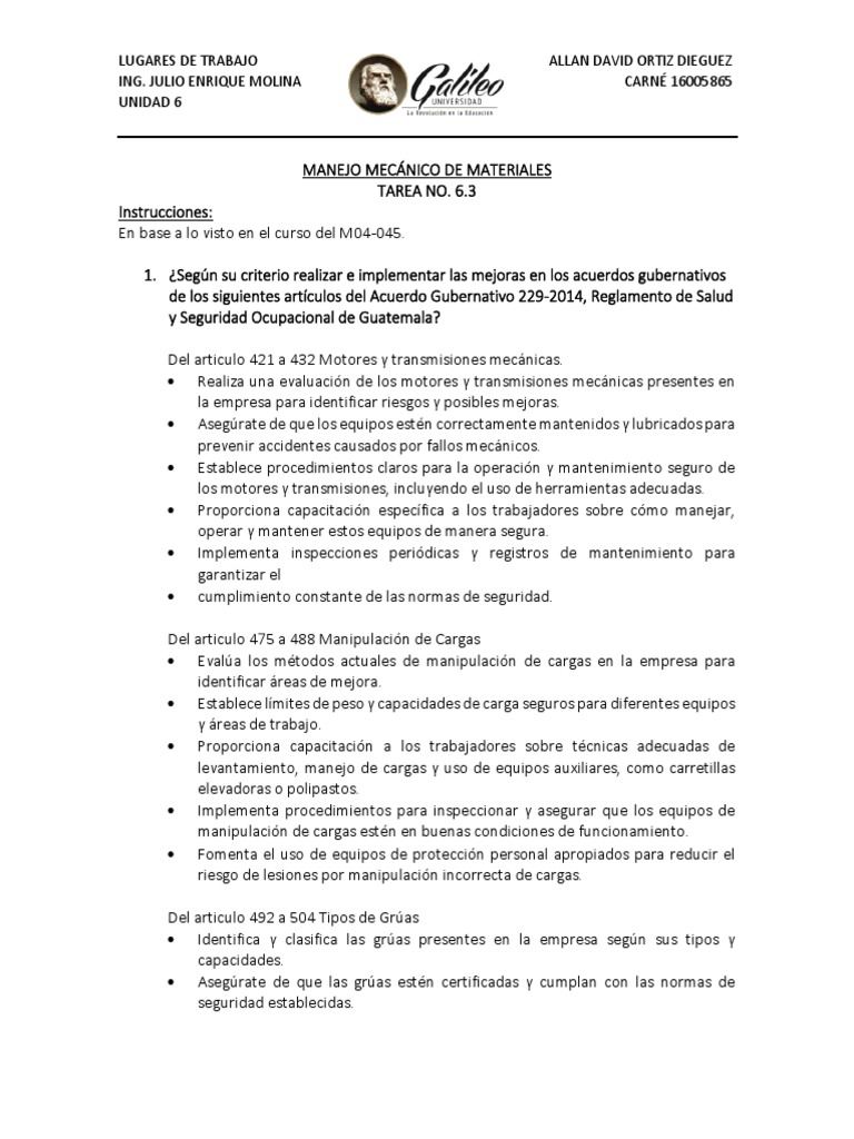 Tarea No. 6.3 Manejo Mecanico de Materiales | PDF | Seguridad y salud ocupacional | Factores ...