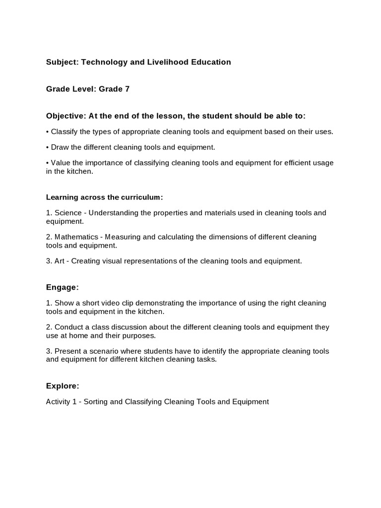 Grade 7 Kitchen Cleaning Tools Lesson | PDF | Rubric (Academic) | Drawing