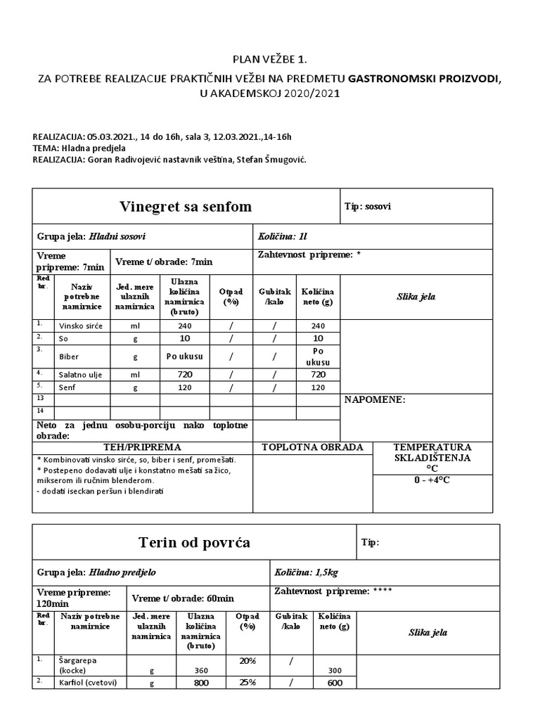 Vezba 1. Hladna Predjela | PDF