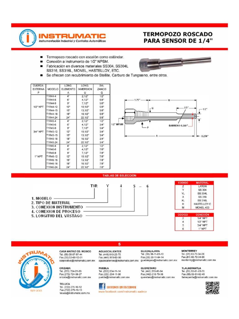 TERMOPOZOS ROSCADOS PARA SENSOR UN CUARTO | PDF
