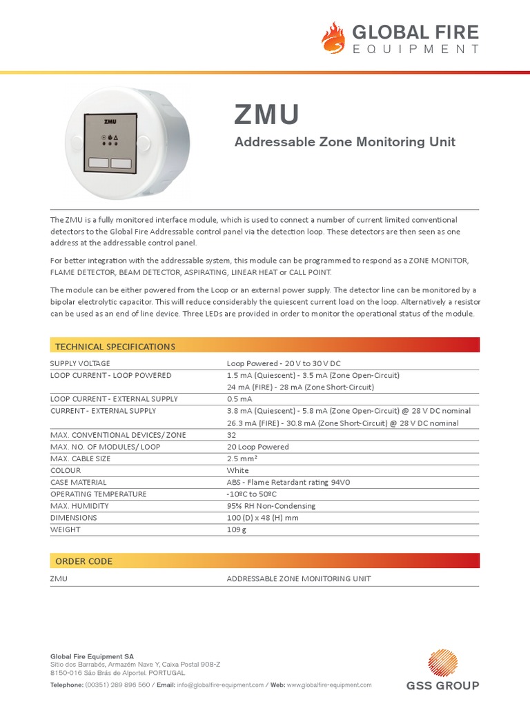 Global Fire: Addressable Zone Monitoring Unit | PDF | Sensor | Power Supply