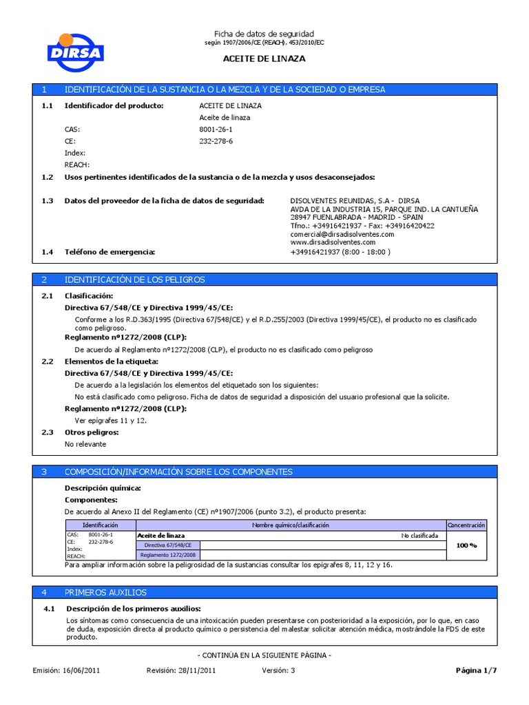 FDS Aceite de Linaza | PDF | Agua | Toxicidad