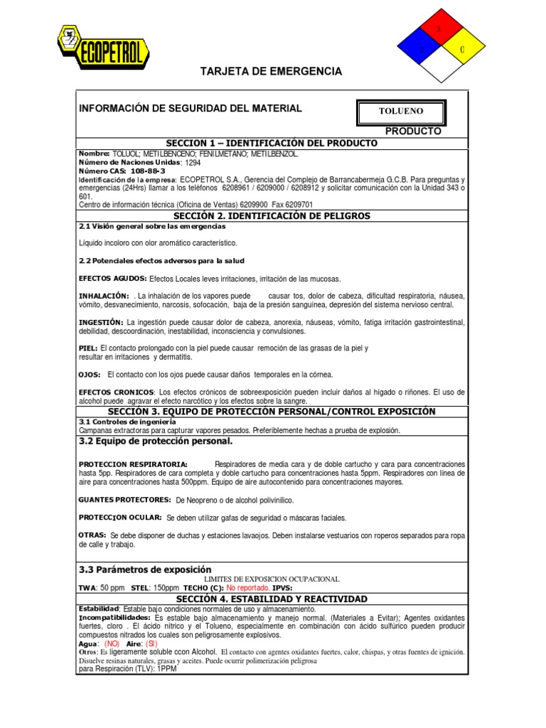 TarjetaEmergenciaTolueno | PDF | Enfermedades y trastornos | Especialidades Medicas