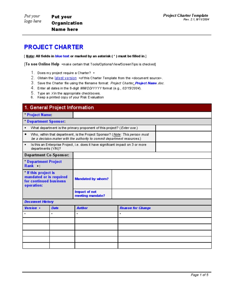 Project Charter Form Template | PDF | Risk | Backup