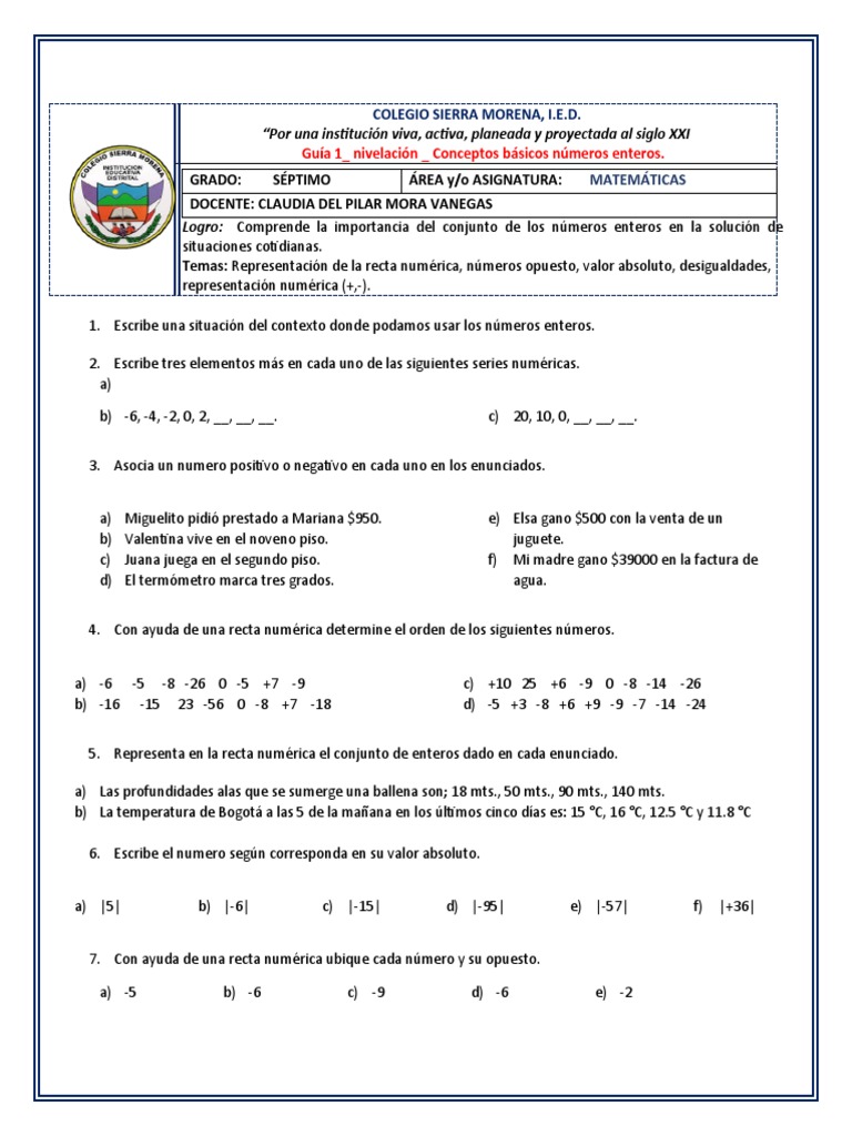Guia 1 - Nivelacion - Septimo - Conceptos Basicos de Numeros Enteros. | PDF | Entero | Matemáticas
