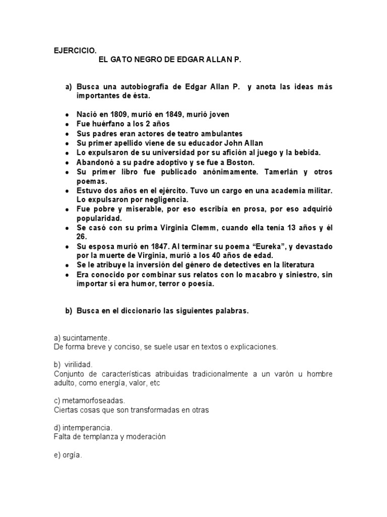 EJERCICIO Del Texto El Gato Negro | PDF | Gatos