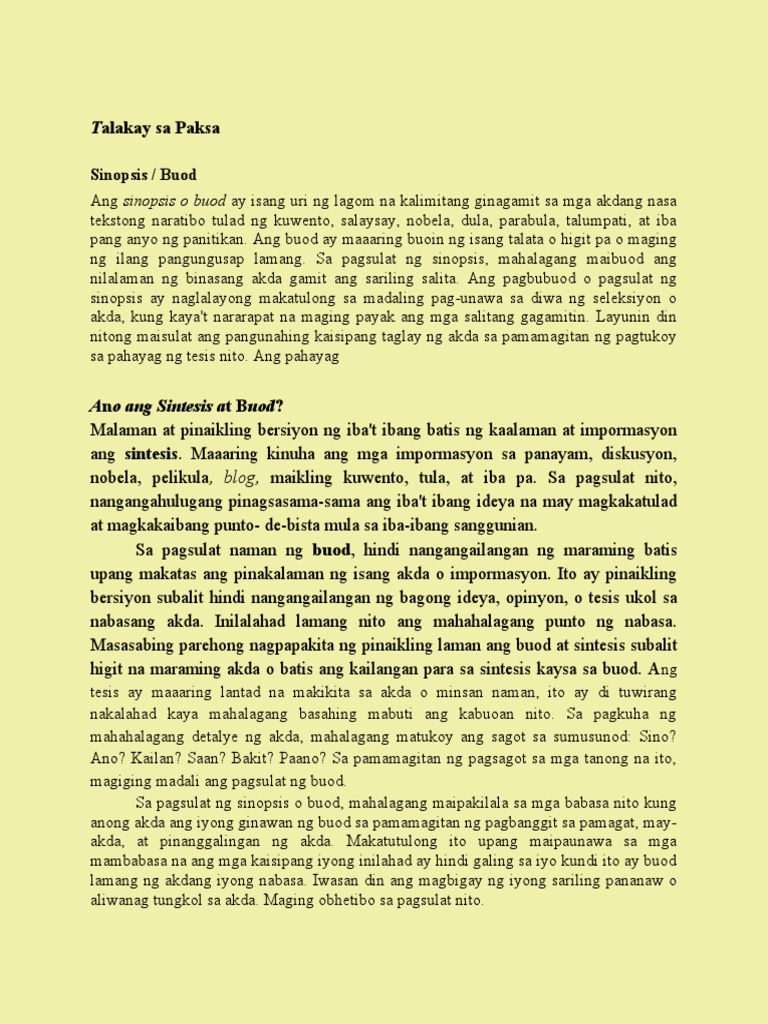 Talakay Sa Paksa: Sinopsis / Buod | PDF