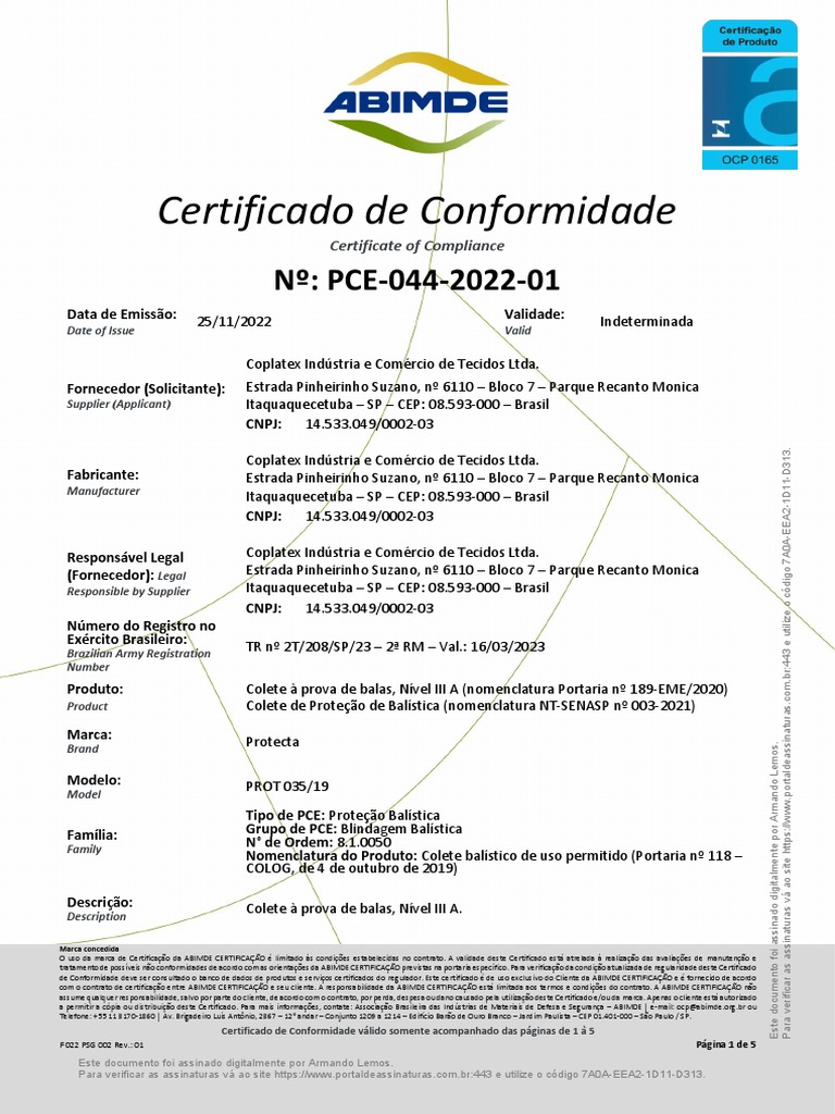 Certificado de Conformidade PCE 044 2022 01 COPLATEX Mod PROT 035 19 | PDF | São Paulo | Business