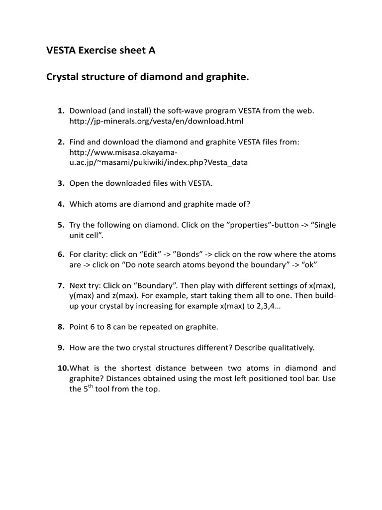 VESTA Exercise Sheets | PDF | Crystal | Crystal Structure