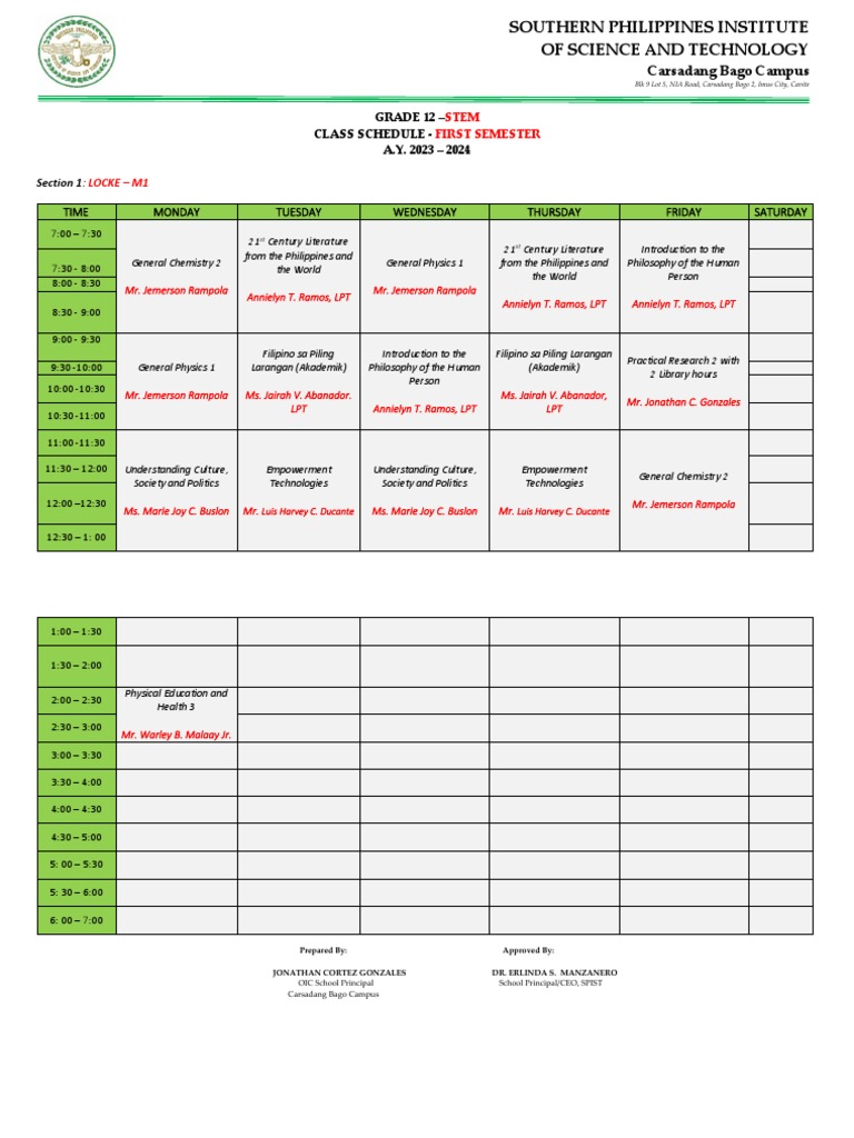1ST Sem Sched Stem Grade 12 | PDF | Science