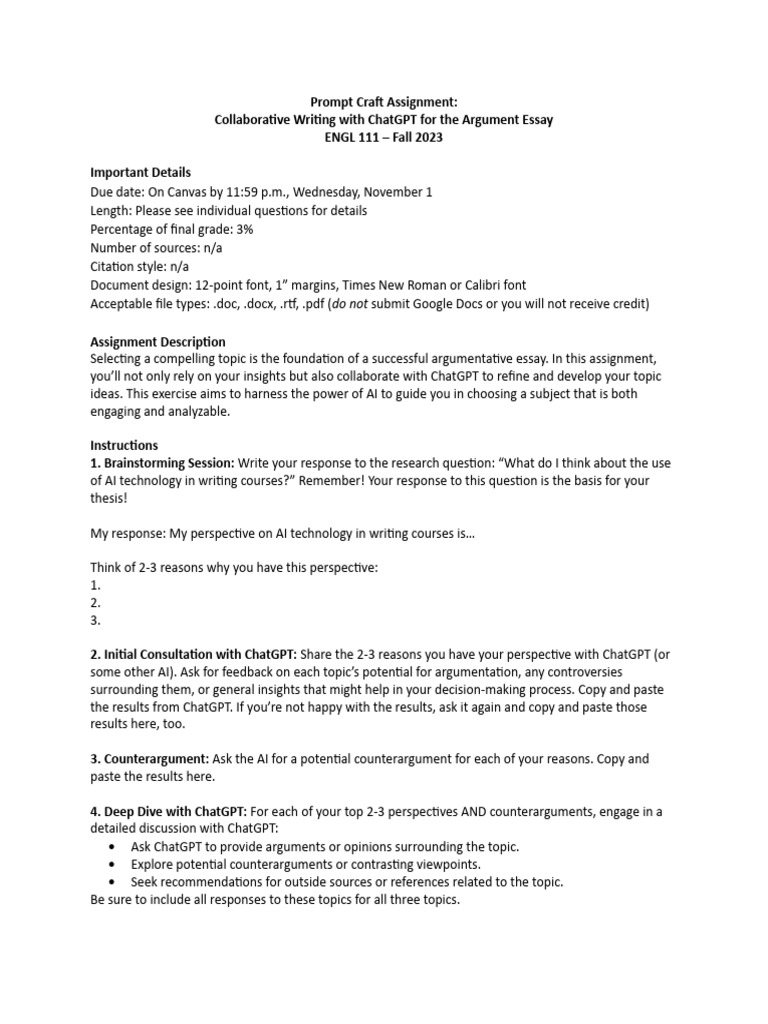 111 - F23 - Argument Prompt Craft Assignment | PDF | Brainstorming | Essays