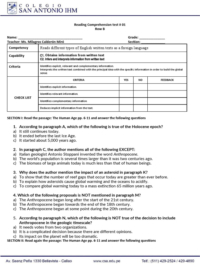 Reading Comprehension Test Row B | PDF | Anthropocene | Geologic Time Scale