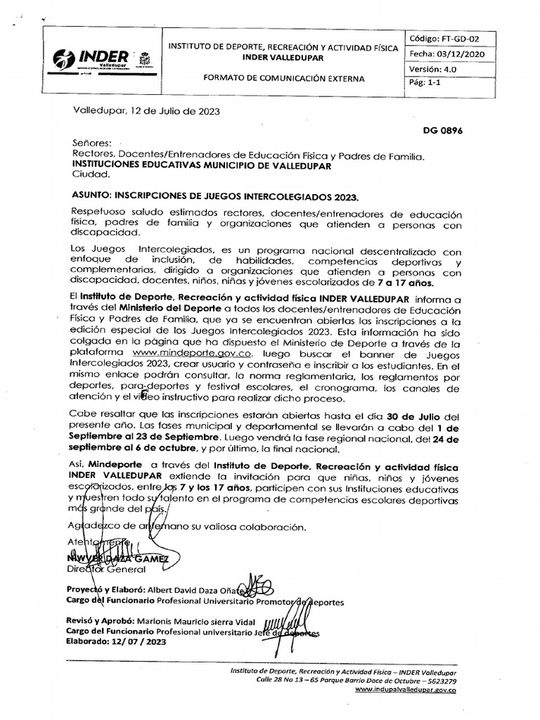 Inder Invitacion Inscripciones de Juegos Intercolegiados 2023 | PDF