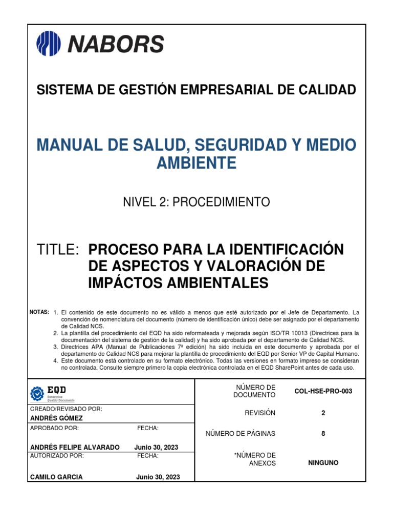 Proceso para La Identificación de Aspectos y Valoración de Impactos Ambientales | PDF ...