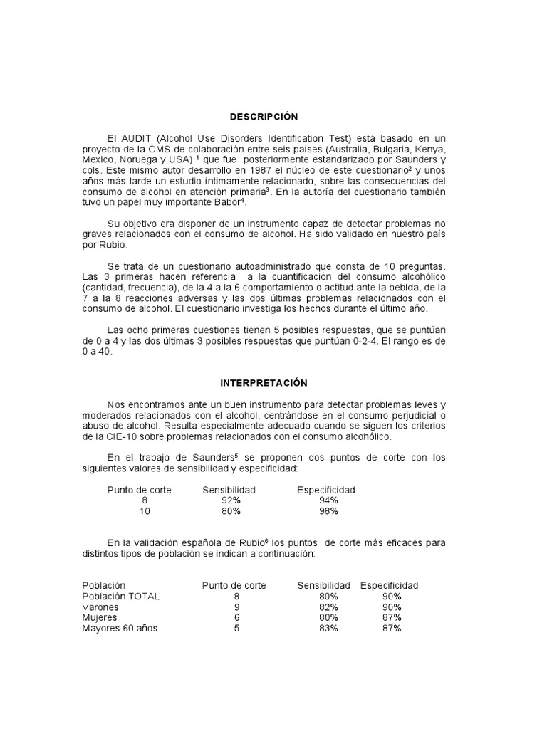 Test AUDIT (Descripción) | Descargar gratis PDF | Validez (Estadísticas ...